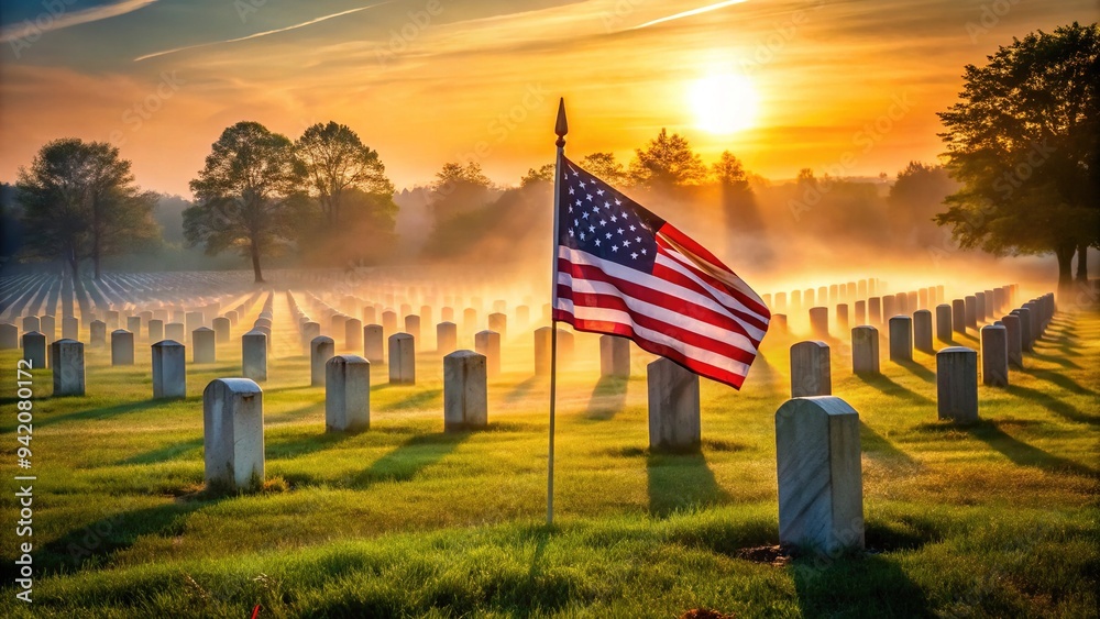 Solitary American flag waves proudly in the misty dawn, surrounded by ...
