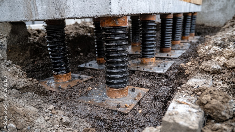 Concrete building supported by hydraulic jacks. This image shows the ...