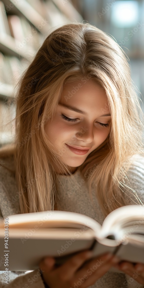 girl reading book library bookcase background smiling fashion model ...