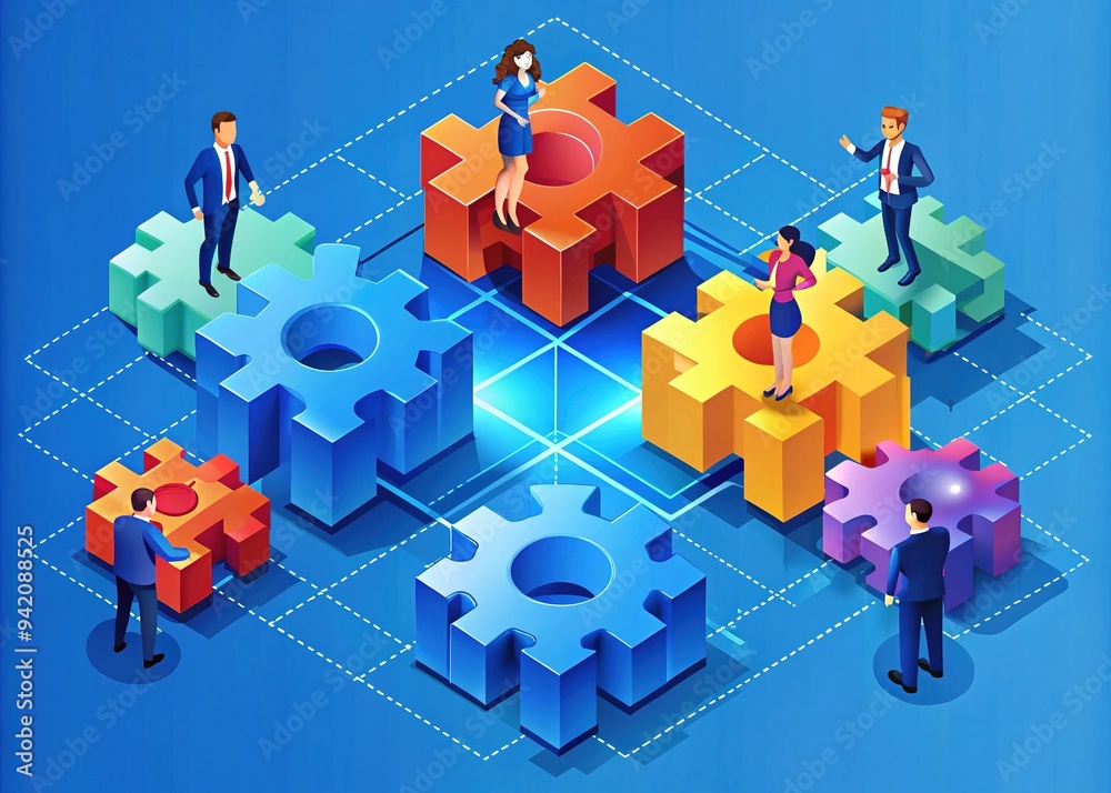 Stylized isometric illustration of interconnected gears, puzzle pieces, and building blocks ...
