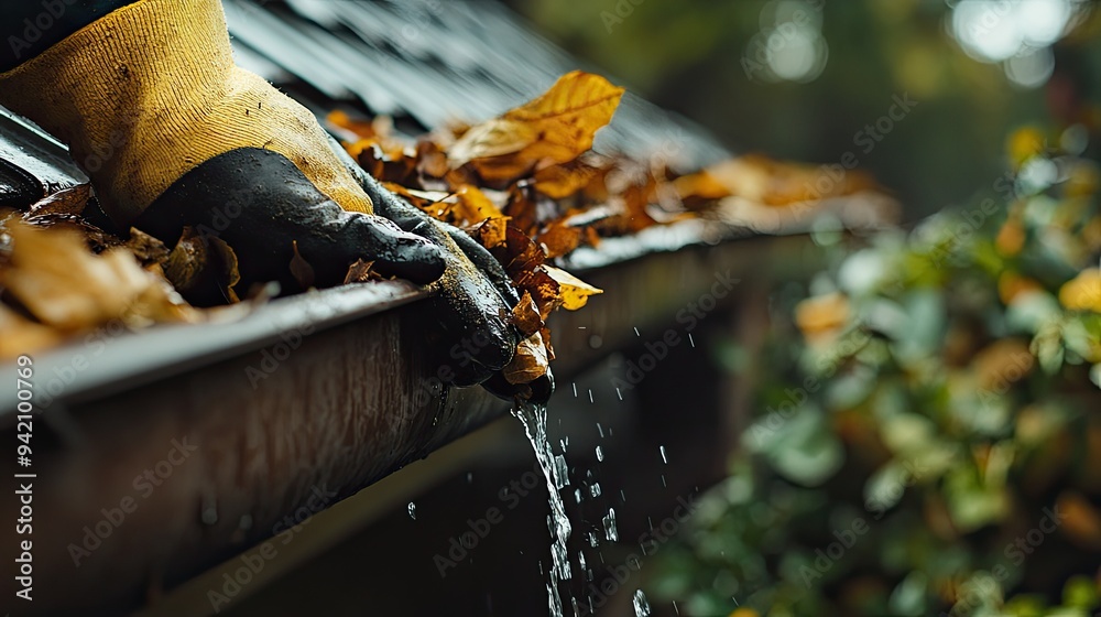 Hand cleaning gutter with leaves. This image depicts a hand cleaning a ...