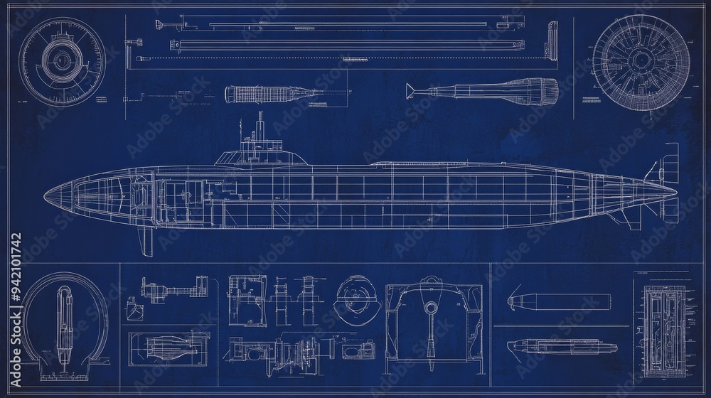 Submarine Blueprint Side View, Detailed Engineering Diagram, Naval ...