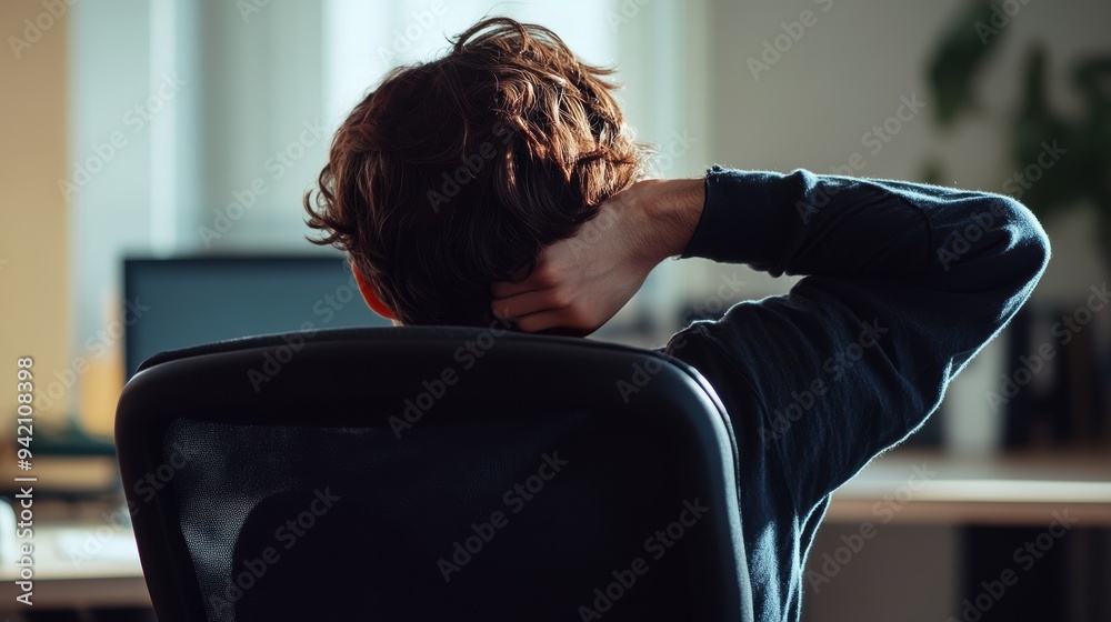A person relaxes in a chair, with their back facing the camera, hands ...
