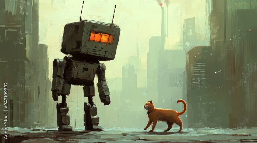 Robot and Cat in a Post-Apocalyptic City: An old, weathered robot stands tall in a desolate ...