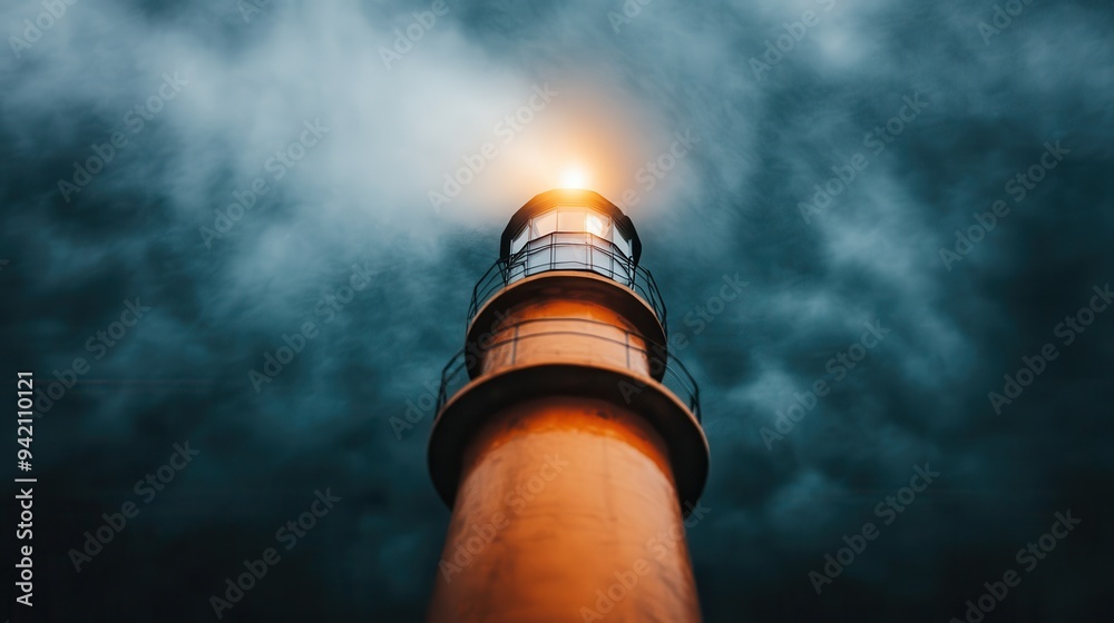 A lighthouse shines with a bright light during a dark and stormy night ...