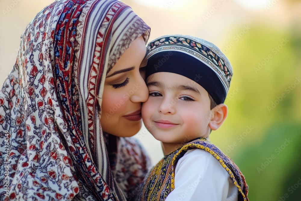 Loving Arab mother kisses his son. Arabic parent with young boy child ...