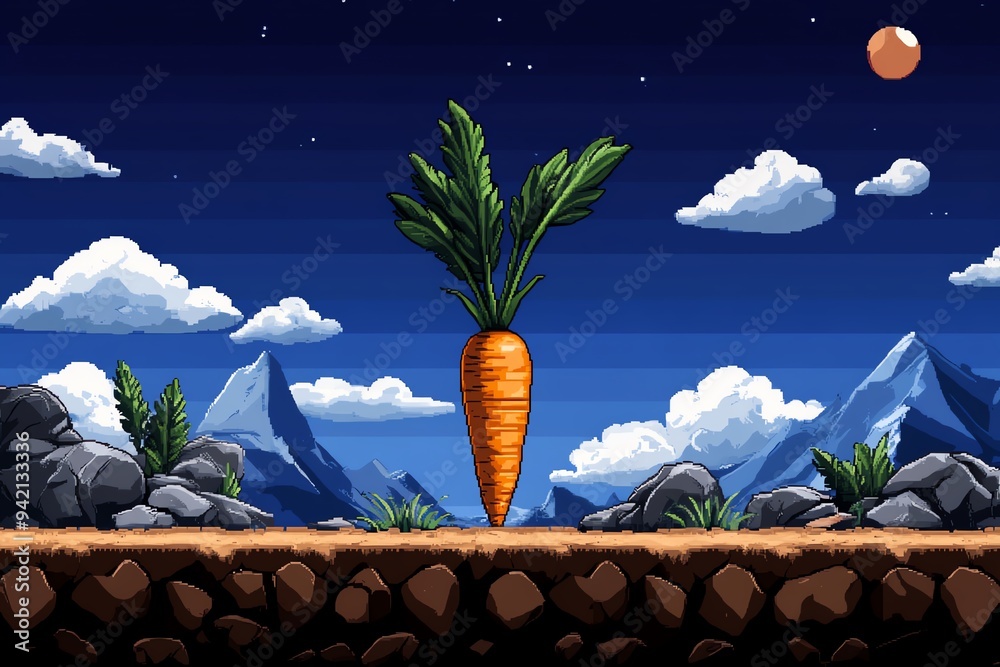 A pixel art depiction of a carrot in a retro-style 2D video game ...