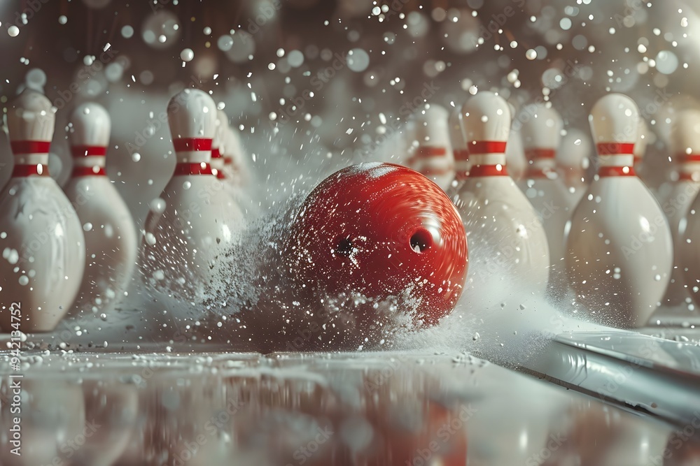 Striking Action: A Bowling Ball Hits the Pins in a Splash of Motion ...