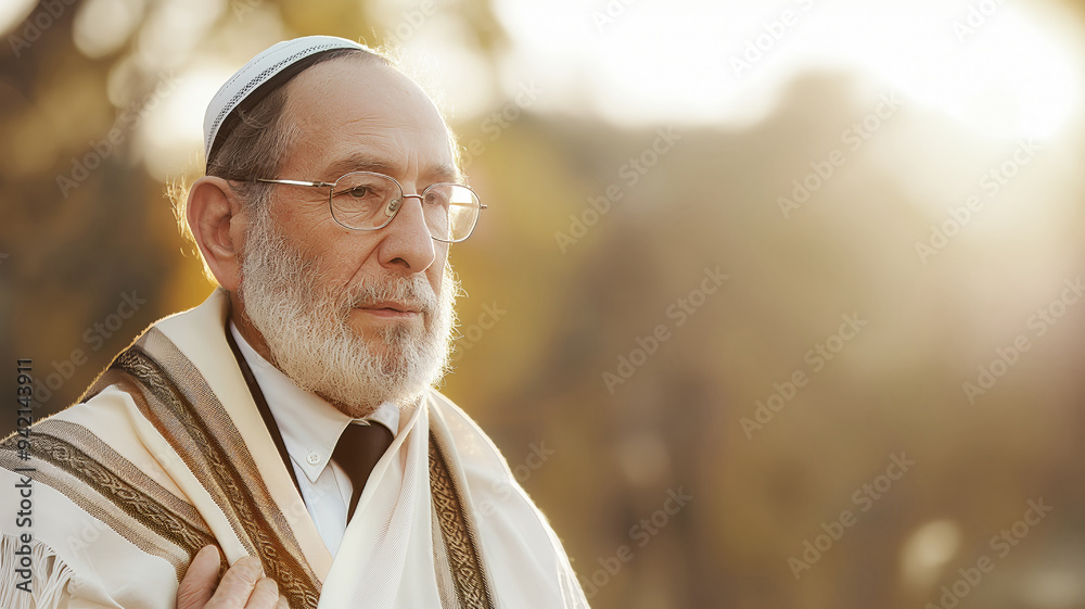 Elderly Jewish rabbi standing outdoors in soft sunlight. He is wearing ...