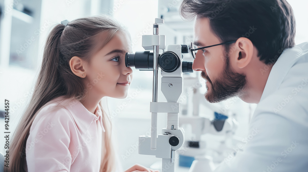 Optometrist examining girl's eyes with a slit lamp in modern clinic ...