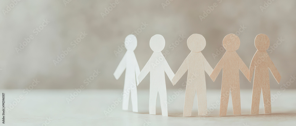 A row of paper cutout figures holding hands, ranging from white to ...