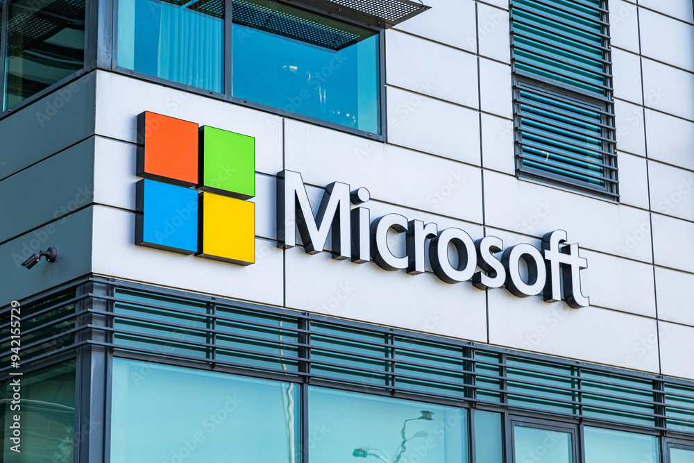 Warsaw, Poland - August 24, 2024: Microsoft logo on the office facade ...
