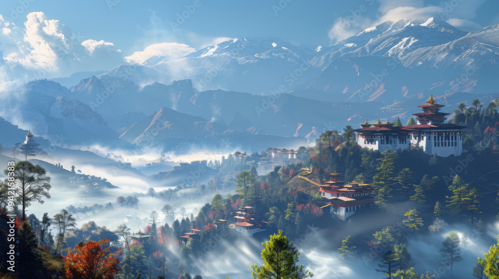 Mist-covered mountains of Bhutan, with dzongs and monasteries perched ...