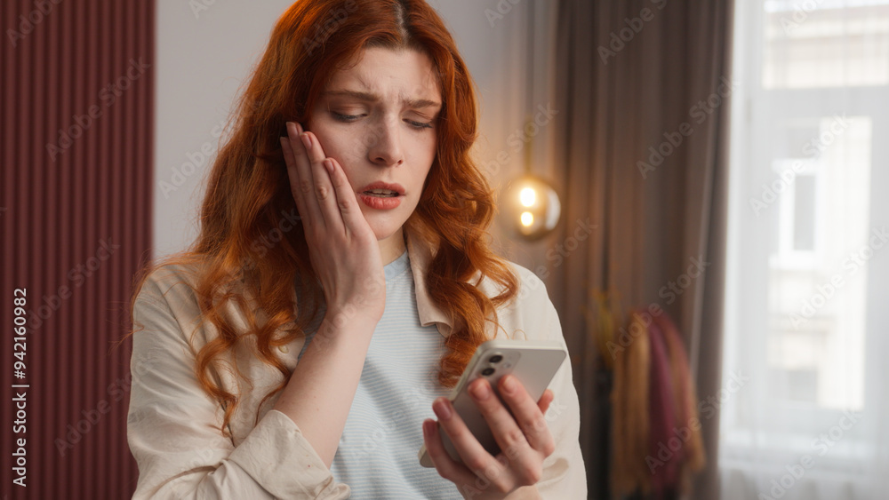 Shocked upset Caucasian woman girl lady scrolling screen sad female ...
