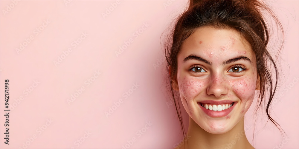 Young woman embracing acne-prone skin with genuine smile, self-love and ...