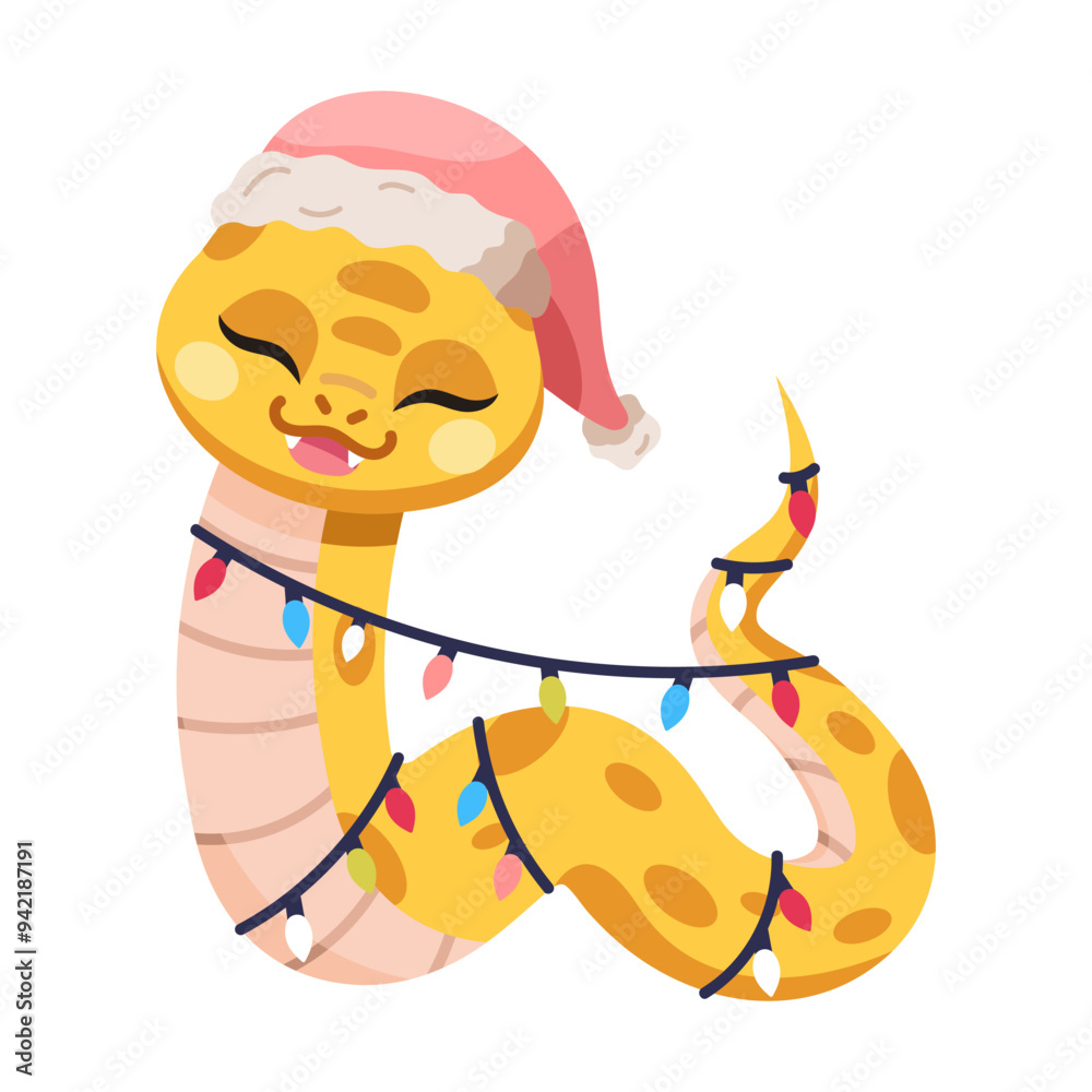 Cute laughing snake with with garland. New Year snake isolated on white ...