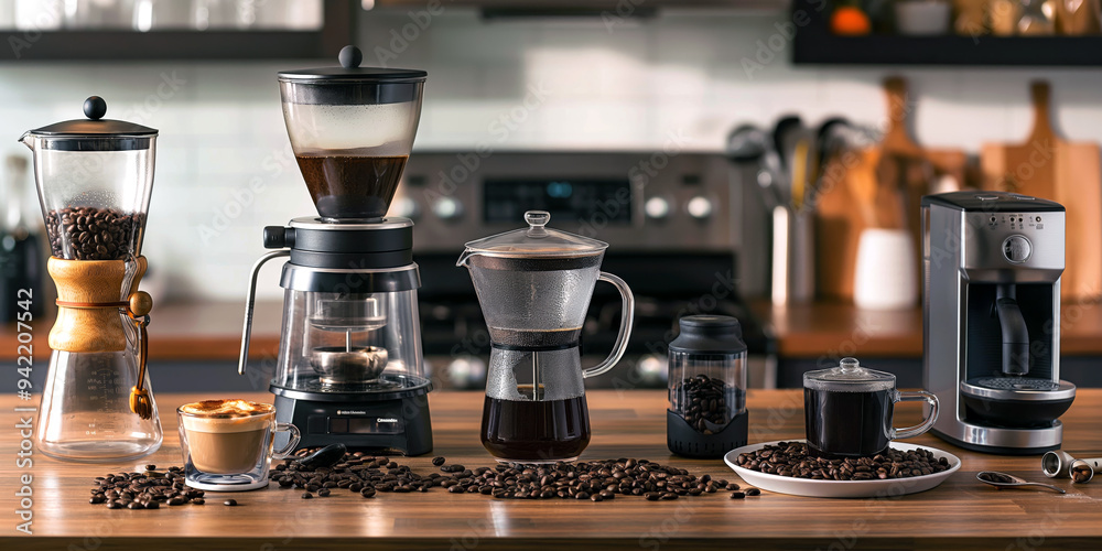 A collection of coffee brewing methods including a French press, pour ...