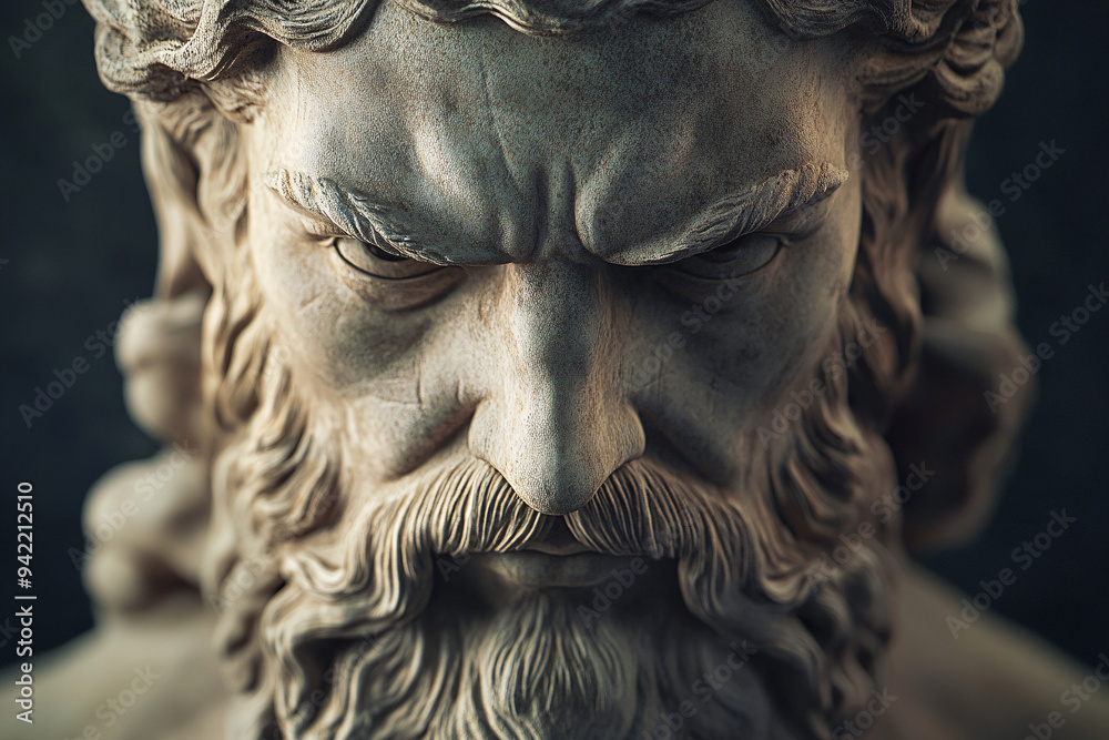 Stone Bust of a Bearded Man A detailed stone bust of a bearded man with ...