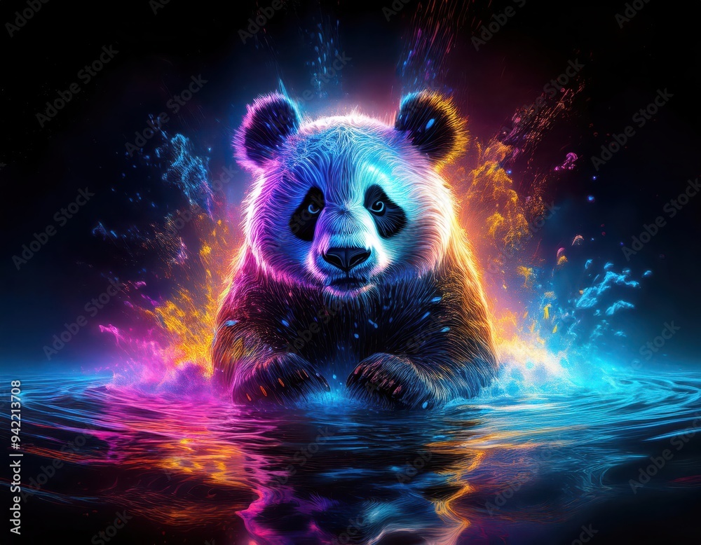 AI Generated image: Panda Bear in water with black background. Colorful ...
