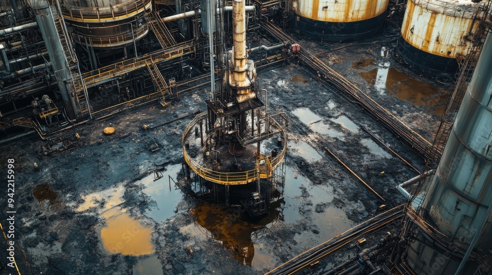 Industrial oil extraction site with a central wellhead surrounded by a ...