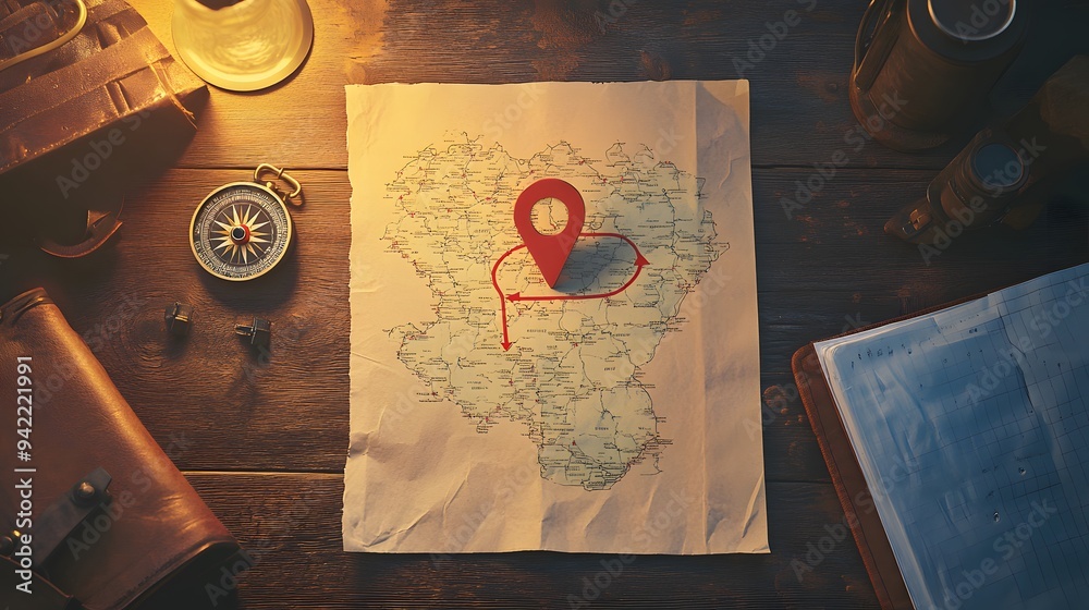 Vintage Map with Location Pin and Compass Stock Photo | Adobe Stock