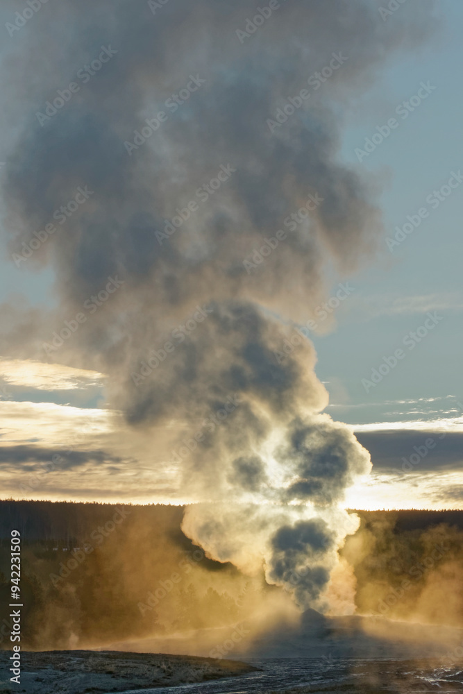 Old Faithful Geyser backlit at sunrise, Upper Geyser Basin, Yellowstone ...