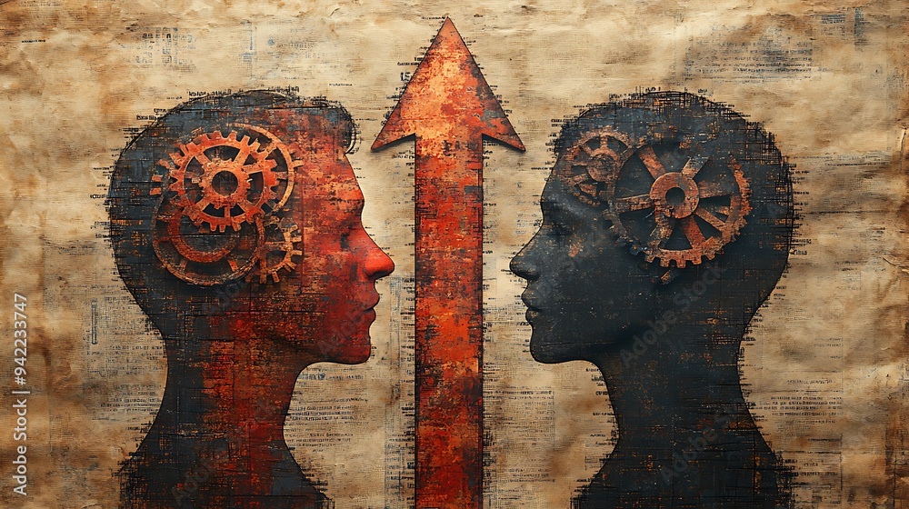 Two opposite facing profiles with gears in their heads separated by a ...