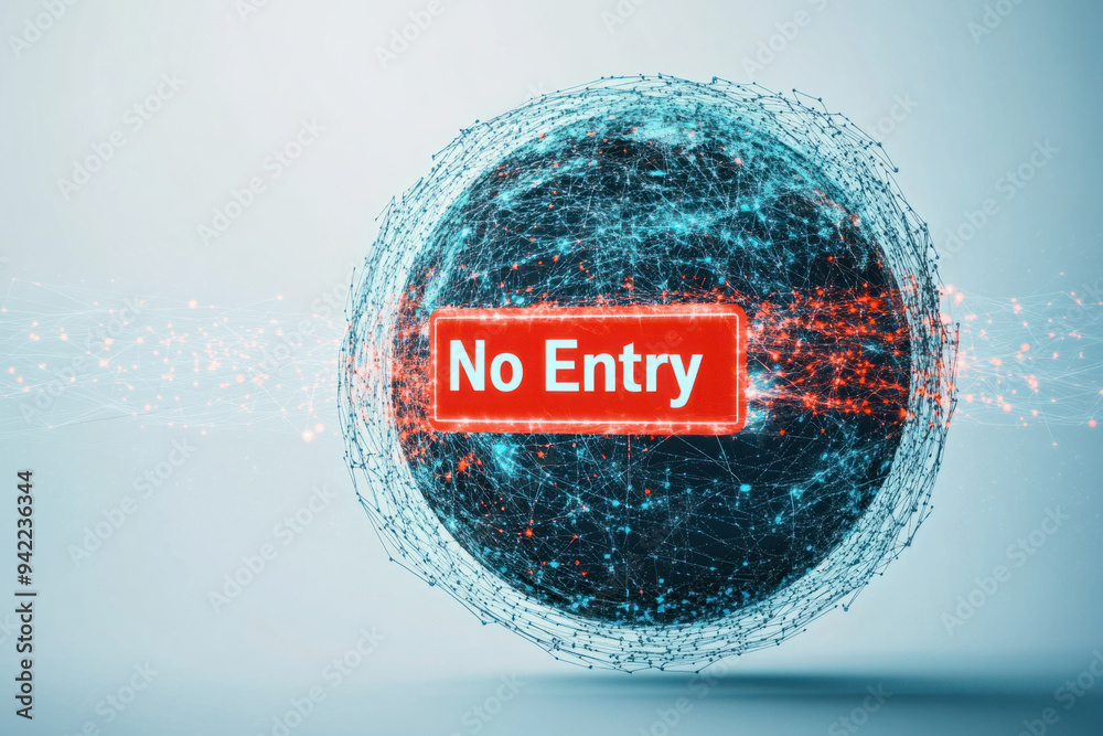 Digital no entry sign displayed on a futuristic sphere of connected ...