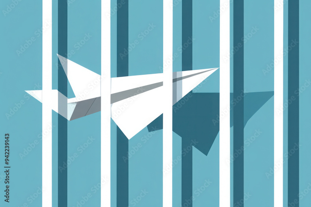 Paper airplane trapped behind white bars, symbolizing restricted ...