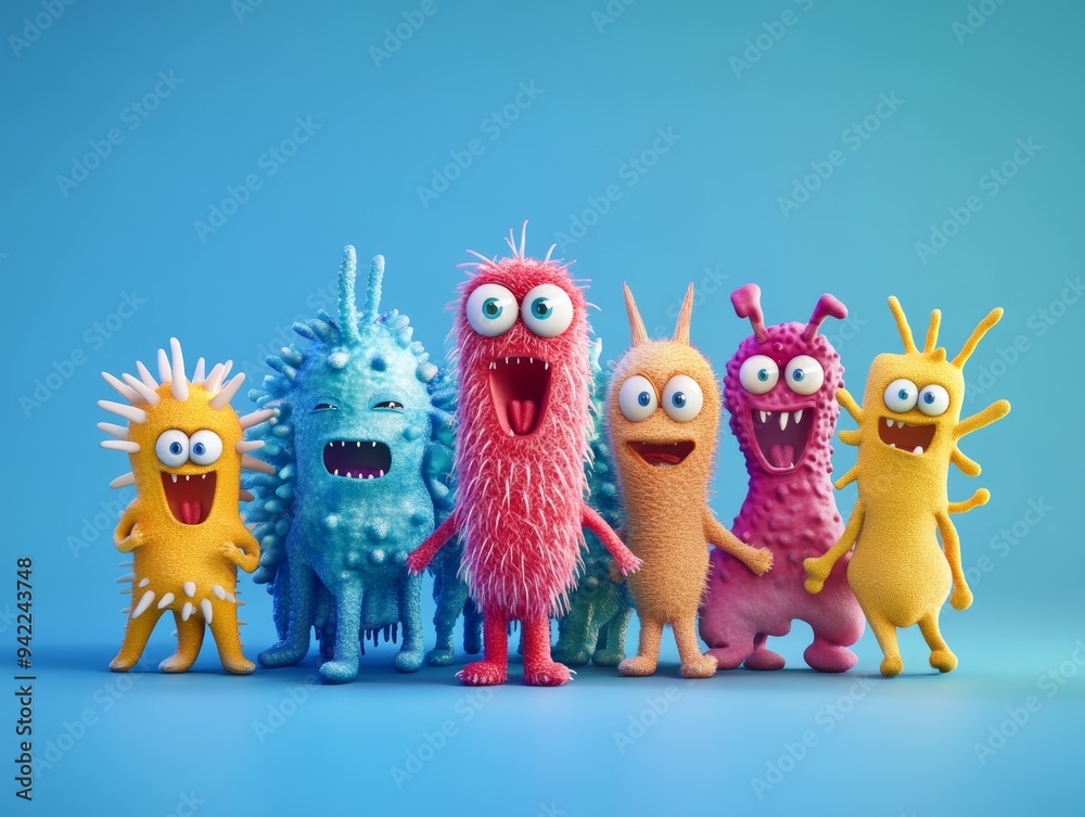 Adorable animated bacteria characters gather together against a vibrant ...