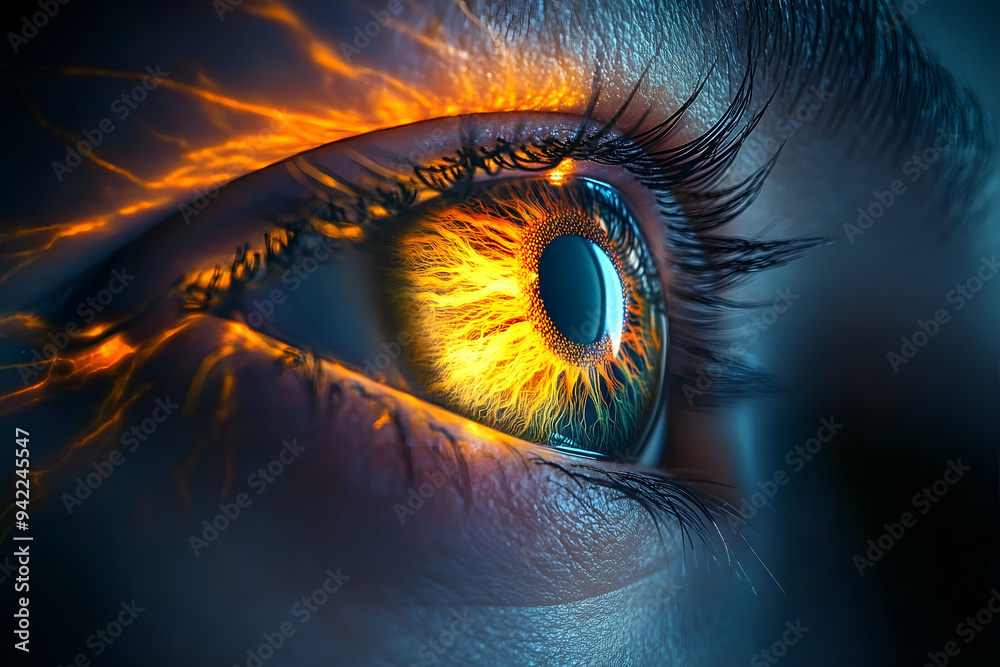 Human Cyborg AI Eye color discrimination. Eye glow optic nerve lens ...
