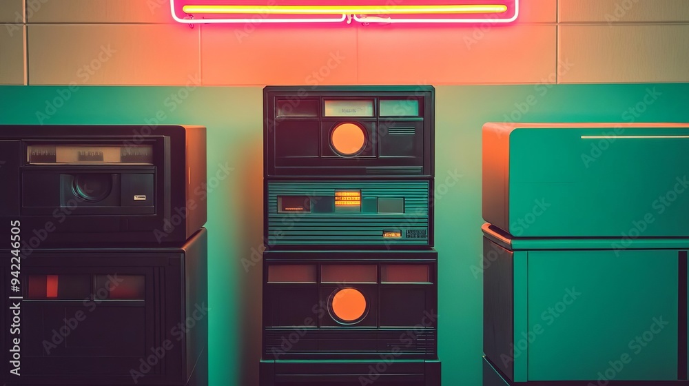 1980s video rental store with VHS tapes and neon signs, nostalgic vibes ...