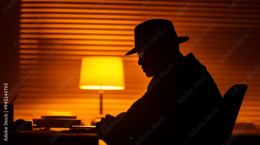 Film noir scene of a detective in a dimly lit office, mysterious mood ...