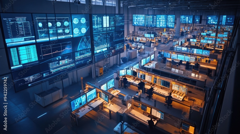 Aerial shot of a fulfillment center control room, with screens ...