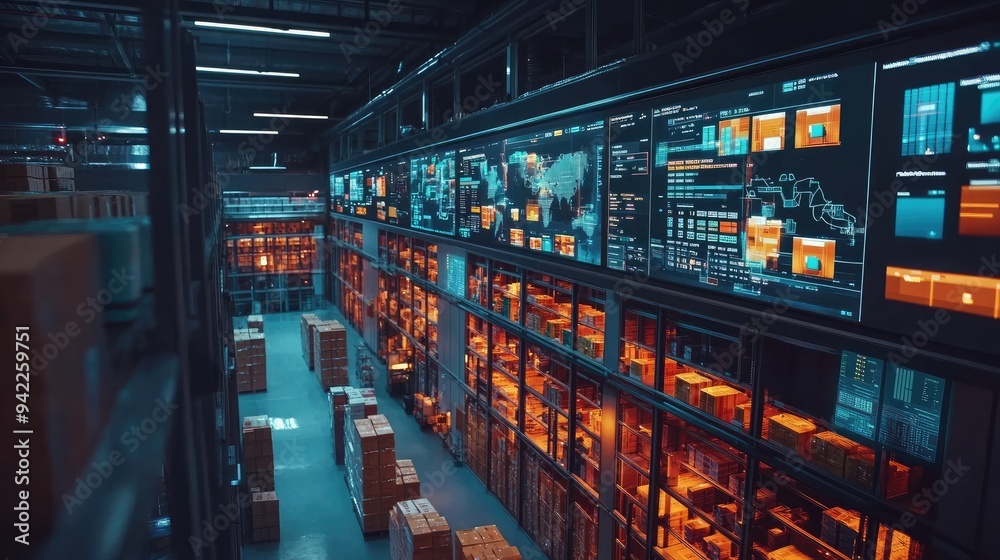 Aerial shot of a fulfillment center control room, with screens ...