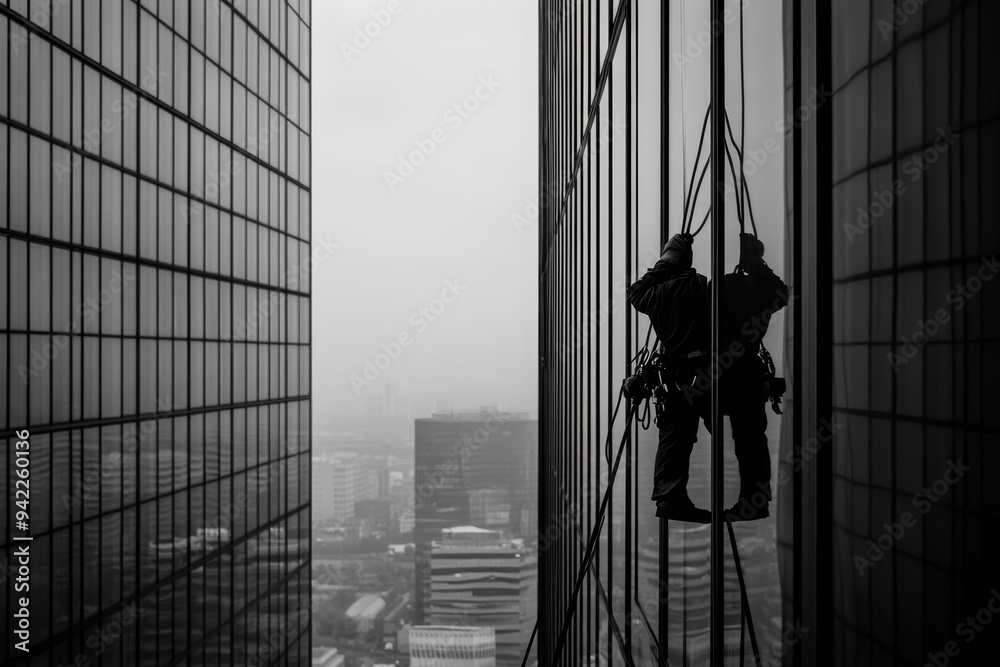 Office building window cleaner at work on skyscraper, capturing urban ...