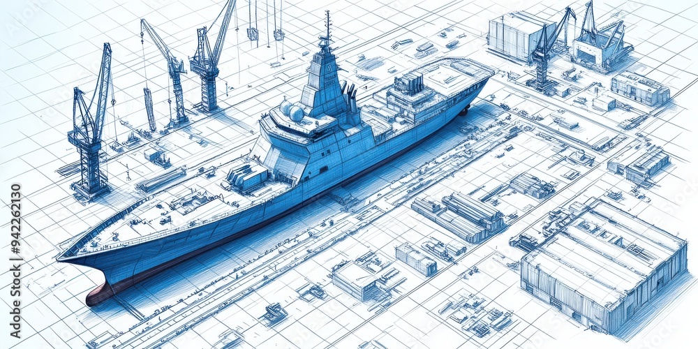 Detailed Blueprint of a Ship Under Construction in a Shipyard ...
