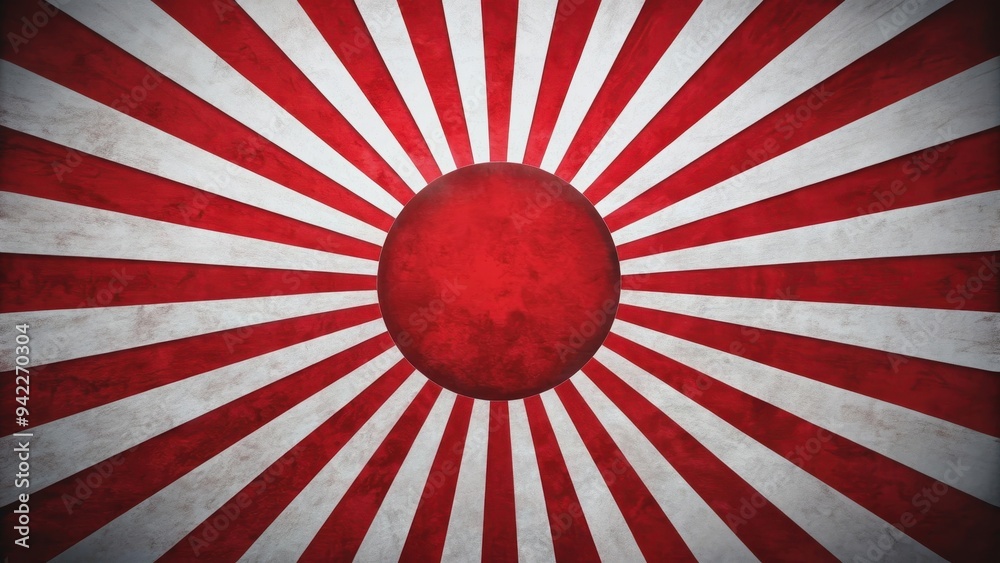 Japanese rising sun symbol with red and white rays spreading outwards ...