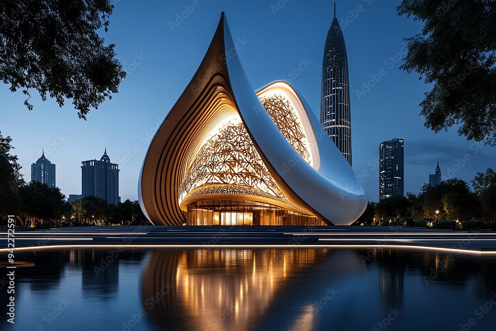 Landmark structures with cultural symbolism highlighted in an abstract ...
