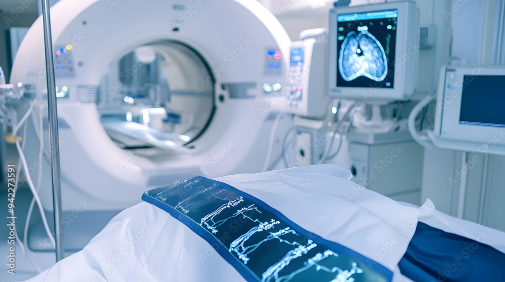 A hospital bed with a monitor displaying heart rate in a CT scan room ...