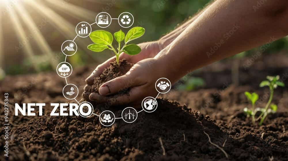Hand of human holding green earth with green net zero icon. Net zero ...