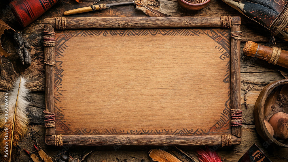 a Native American theme wood sign, blank center with room for copyspace ...