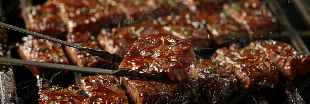 Grilling Sliced Square Meat Using Tongs to Achieve a Delicious BBQ ...