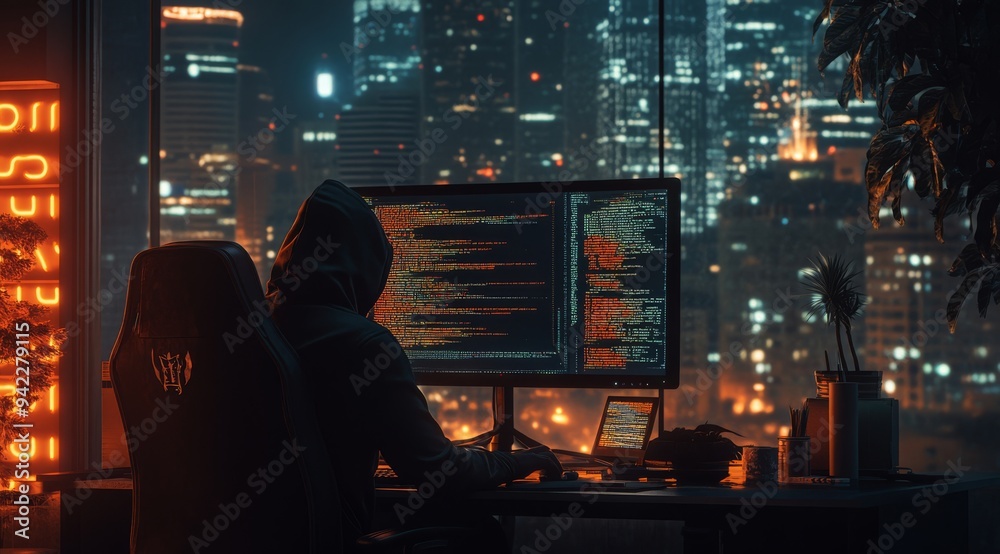 A focused hacker, wearing a hoodie, diligently works at a computer, surrounded by impressive ...