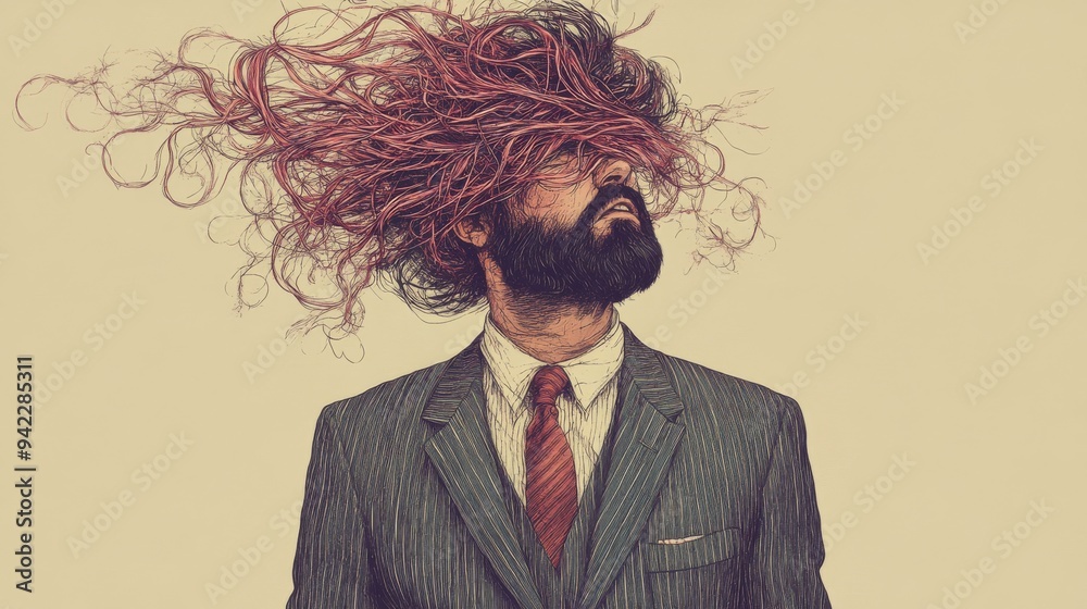 Abstract mind illustration with tangled scribbles. Empty head with messy line inside. Modern ...