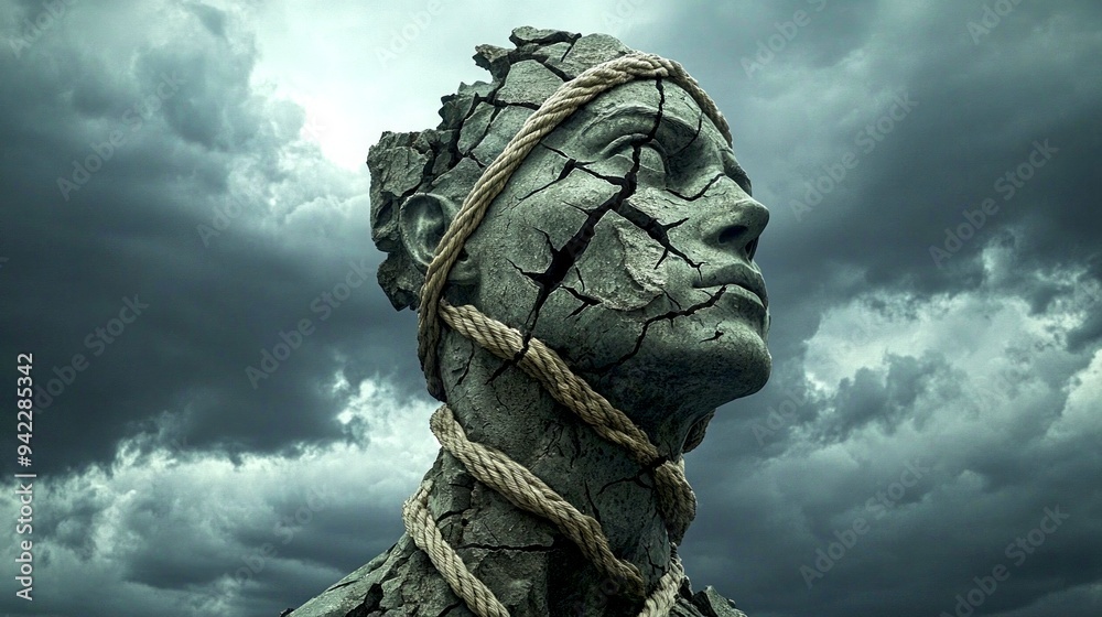 A striking sculpture of a human head, cracked like dry earth. The ...