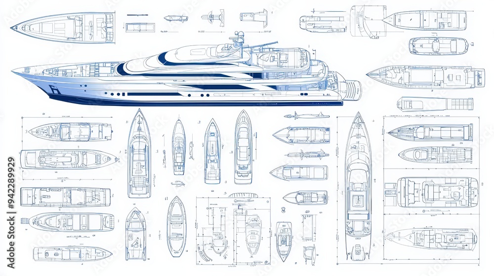 Yacht Design Blueprint Top View Boat Architecture Engineering Drawing ...