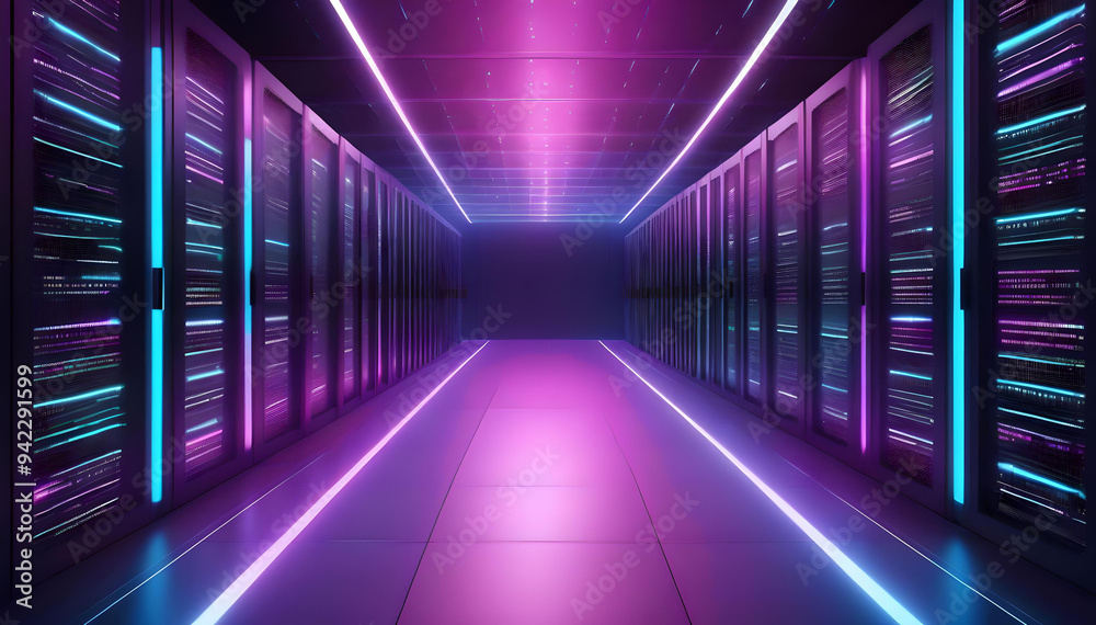 Data center room, digital information flowing through them, symbolizing ...