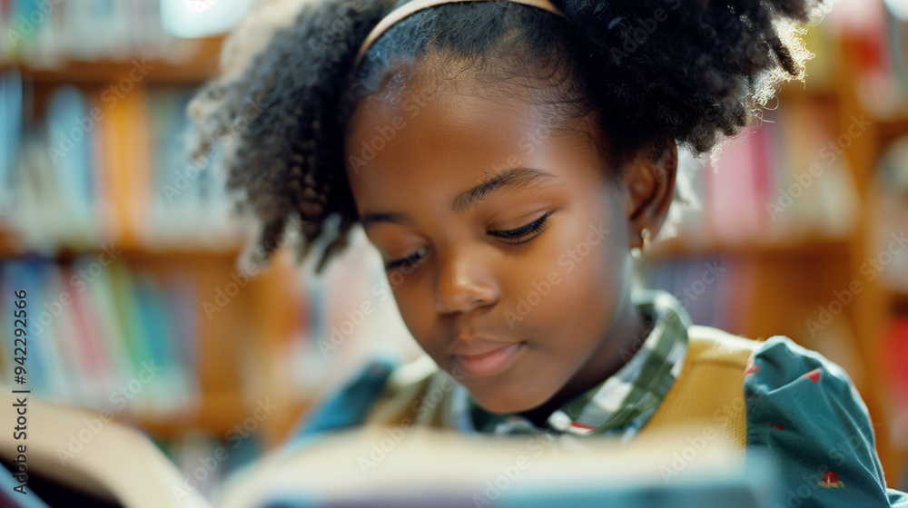 Young black african american female school student reading educational ...