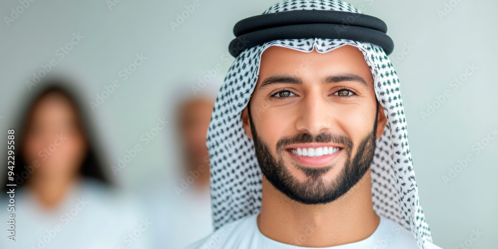 Smiling Arab man in traditional attire, ideal for use in business ...